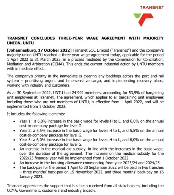Transnet Strike Is Over, Majority Union UNTU Signs 3-Year Wage ...