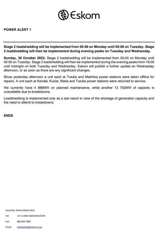 Eskom Lifts Load-Shedding Suspension, Implements Stage 2 From Monday ...