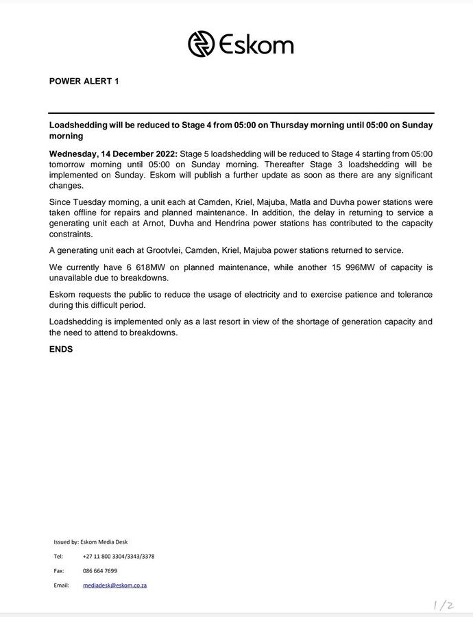 Eskom Reduces Load-Shedding To Stage 4 From Thursday - The Bulrushes