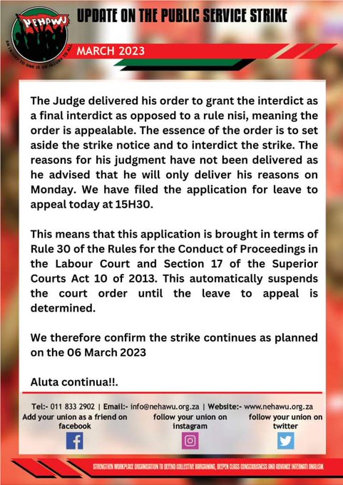 DPSA Secures Court Interdict To Stop NEHAWU Strike Planned For Monday ...