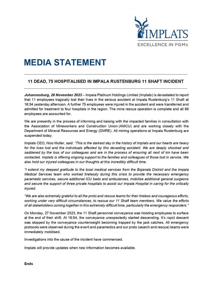 Implats Tragedy: At least 11 Mine Workers Perish In Cage Plunge Disaster - The Bulrushes