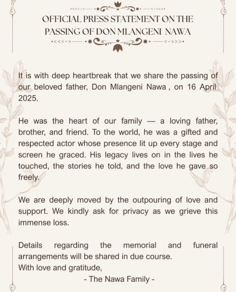 Veteran Actor Don Mlangeni Nawa Of Isidingo Fame Dies At 65 - The Bulrushes