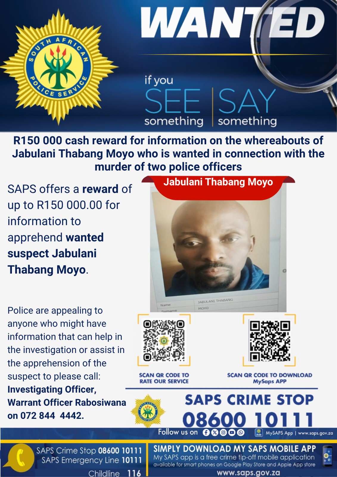 Wanted 'Cop Killer' Jabulani Moyo Still On The Run, Police Offer R150 ...